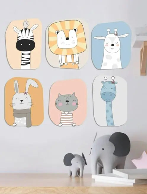 Wall Decal Sticker for Kids - 6 Pcs Colorful Animal Posters
